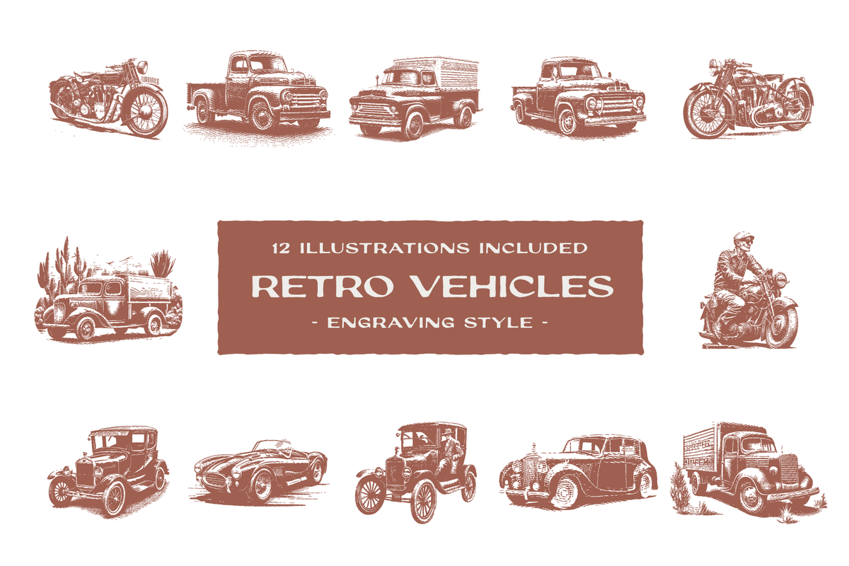 Retro Vehicles - Engraving Style Illustrations – Pixel Surplus